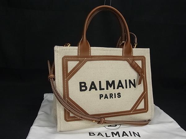 ■極美品■ BALMAIN バルマン B-Army キャンバス×レザー 2WAY ハンドバッグ トート ショルダー レディース ブラウン系 FN1674