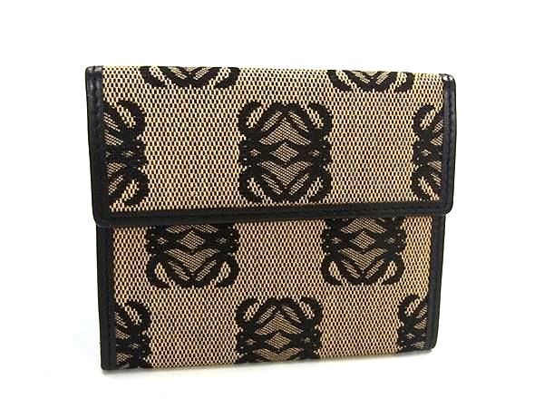 ■新品同様■ LOEWE ロエベ リピートアナグラム キャンバス ケース パース 小銭入れ ブラック系×ベージュ系 FN3693