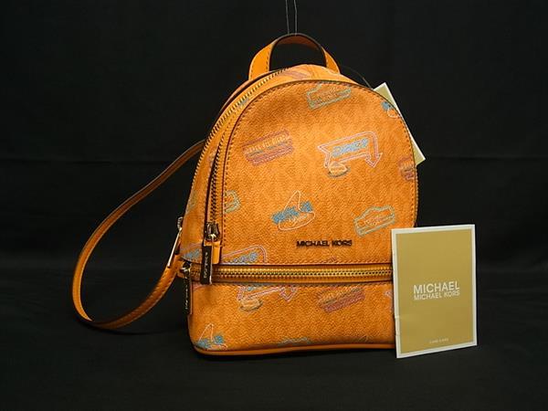 ■新品■未使用■ MICHAEL KORS マイケルコース RHEA リア エクストラスモール MK柄 PVC×レザー リュックサック オレンジ系 FN6337