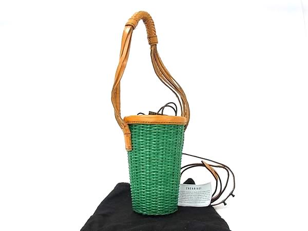 ■美品■ ZACARIAS ザカリアス ラフィア×レザー 2WAY ハンドバッグ ショルダー レディース グリーン系×ブラウン系 FP2515