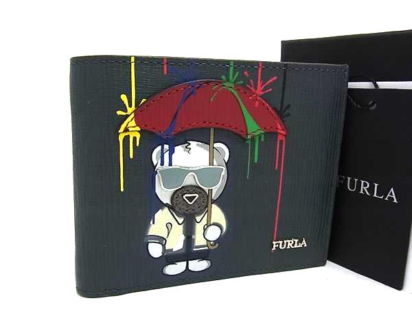 ■新品同様■ FURLA フルラ レザー  雨 傘 くま柄 二つ折り 財布 ウォレット 札入れ 小銭入れ グレー系×マルチカラー FP4709
