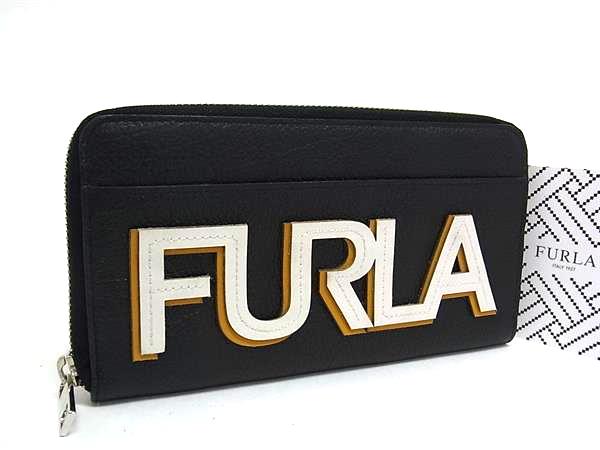 ■新品同様■ FURLA フルラ レザー ラウンドファスナー 長財布 ウォレット 札入れ 小銭入れ ブラック系×アイボリー系 FP4711