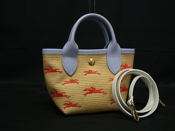 ■極美品■ LONGCHAMP ロンシャン パニエ プリアージュ ラフィア×レザー 2WAY ハンドバッグ ショルダー ライトブラウン系 FP5839