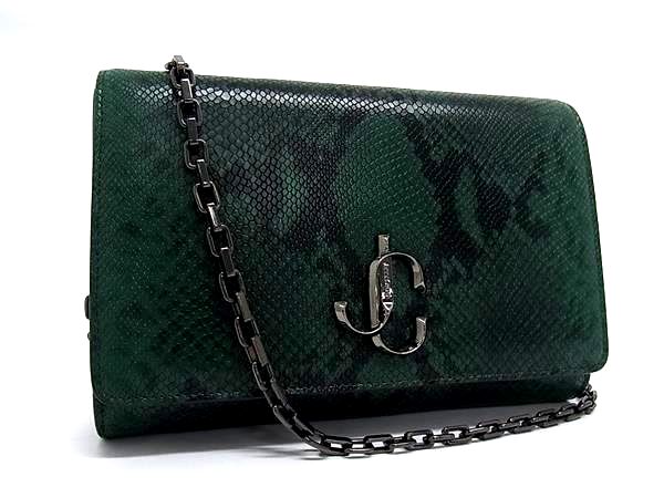 ■新品同様■ JIMMY CHOO　ジミーチュウ ヴァレンヌ パイソン片押しレザー 2WAY ショルダーバッグ クラッチ グリーン系 FP7216