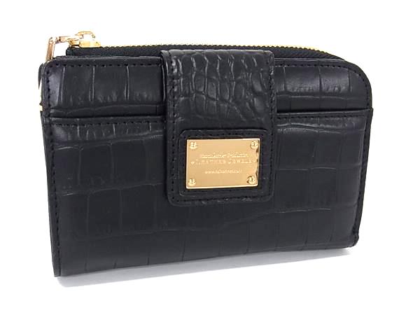 ■新品同様■ LEATHER JEWELS レザージュエルズ クロコダイル型押しレザー 二つ折り 財布 ウォレット 小銭入れ ブラック系 FP9459