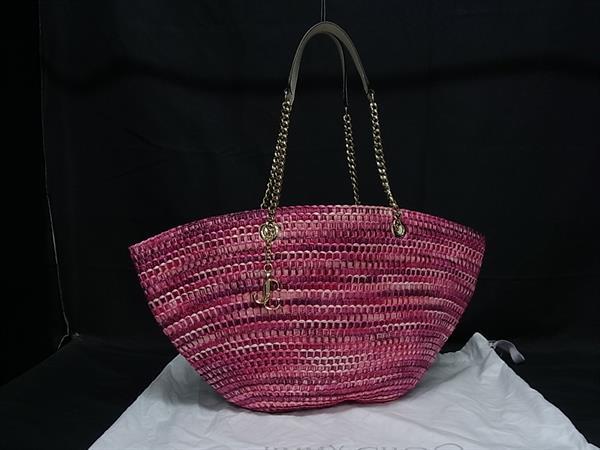 ■美品■ JIMMY CHOO ジミーチュウ ラフィア×レザー ハンドバッグ トート ショルダー 肩掛け レディース パープル系 FR1788