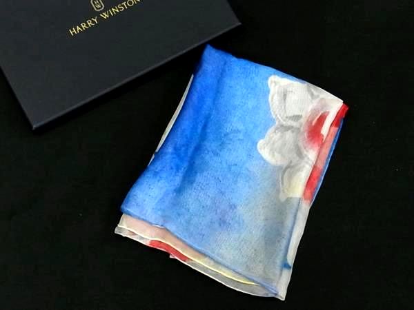 ■新品同様■ HARRY WINSTON ハリーウィンストン シルク100％ スカーフ ショール ストール アイボリー系×ブルー系×レッド系 FR4544