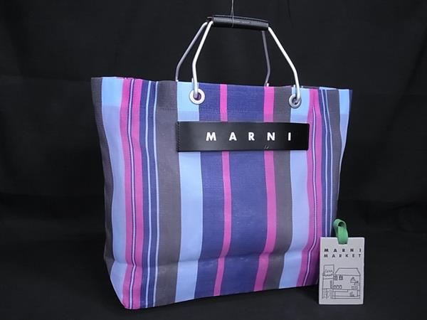 ■新品同様■ MARNI マルニ フラワーカフェ メッシュ ハンドバッグ トートバッグ レディース メンズ ブルー系×ピンク系 FR4752