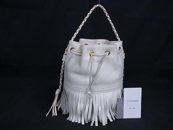 ■新品■未使用■ J＆M DAVIDSON ジェイアンドエムデヴィッドソン レザー 巾着型 フリンジ ハンドバッグ ショルダー ホワイト系 FS0976