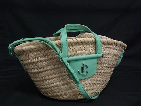 ■新品同様■ JIMMY CHOO ジミーチュウ ストロー×レザー 2WAY ハンドバッグ ショルダー 斜め掛け ライトブラウン系 FS2903