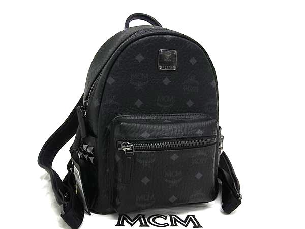 ■新品同様■ MCM エムシーエム モノグラム ヴィセトス柄 レザー スタッズ リュックサック バックパック ブラック系 FT0534