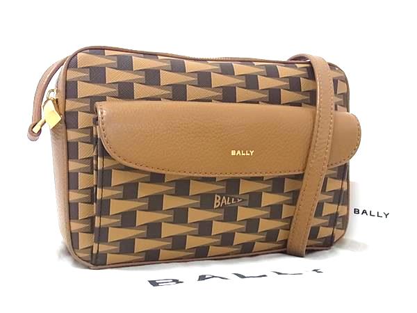 ■新品同様■ BALLY バリー PVC×レザー 総柄 ショルダーバッグ ポシェット クロスボディ レディース ブラウン系 FT0544