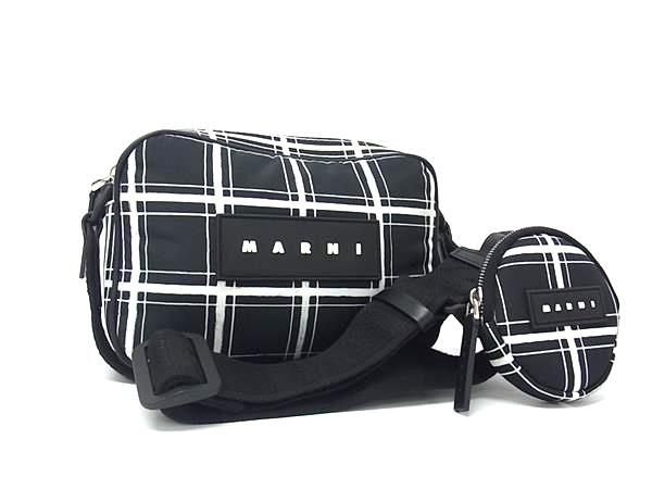■新品同様■ MARNI マルニ ナイロン チェック柄 ポーチ付き ショルダーバッグ クロスボディ ブラック系×ホワイト系 FT0547