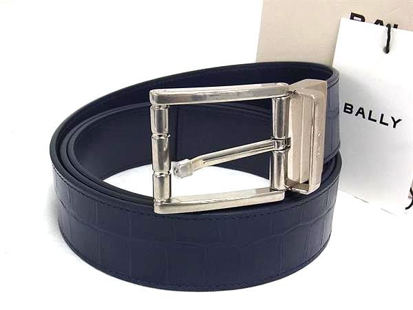 ■新品同様■ BALLY バリー クロコダイル型押しレザー リバーシブル ベルト 表記サイズ 120/48 メンズ ネイビー系 FU2527