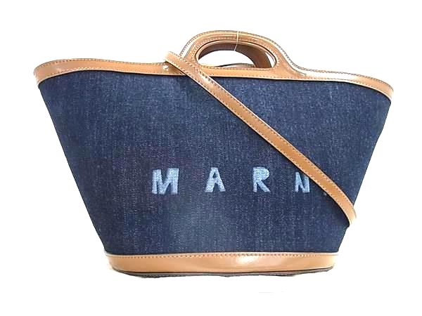 ■極美品■ MARNI マルニ トロピカリア デニム×レザー 2WAY ショルダーバッグ ハンドバッグ ネイビー系×ブラウン系 FU4209