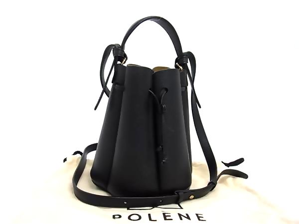 ■美品■ POLENE ポレーヌ カヌレバッグ レザー 2WAY クロスボディ ショルダーバッグ ハンドバッグ 斜め掛け ブラック系 FU5556
