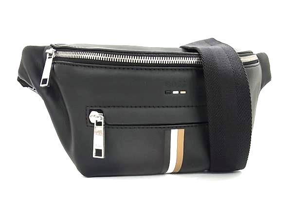 ■新品同様■ HUGO BOSS ヒューゴボス レザー クロスボディ ウエストバッグ ウエストポーチ ボディバッグ ブラック系 FU6804