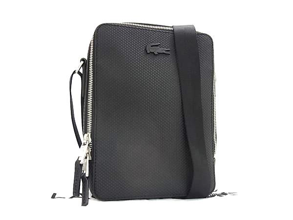 ■新品同様■ LACOSTE ラコステ PVC×レザー クロスボディ ショルダーバッグ 斜め掛けかばん メンズ レディース ブラック系 FU6836