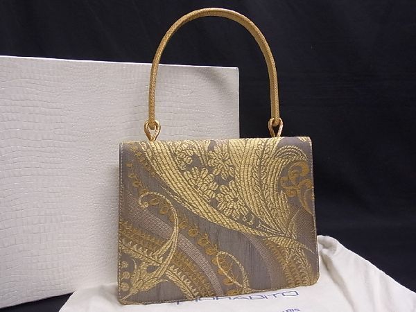 ■希少■極上本物■美品■ MORABITO モラビト ヴィンテージ ヴァンドーム 花唐草柄 リザード 金糸 ハンドバッグ ゴールド系 V8436