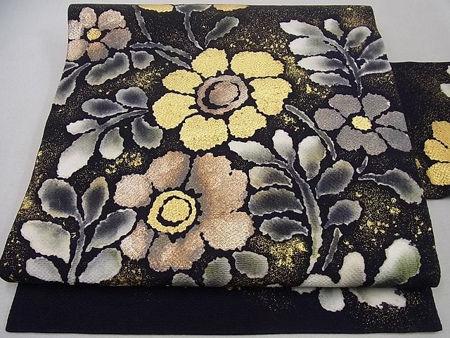平和屋本店■極上　浦野理一　九寸名古屋帯　花尽くし　金彩　鬼しぼ縮緬　逸品3s986