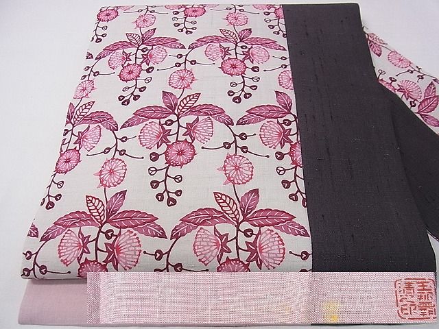 平和屋本店■極上　希少　玉那覇清　清布びんがた　琉球紅型　琉藍　九寸名古屋帯　草花間道　やまと誂製　証紙付　3s30439