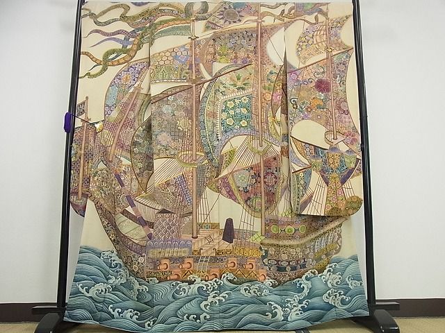 平和屋本店■極上　初代　染人・山岡古都　首里琉染　振袖　天神船宝尽し　鬼しぼ縮緬　逸品3s5415