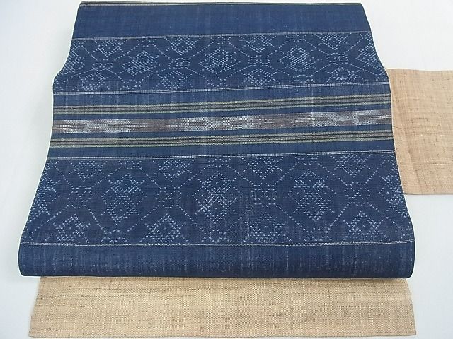 平和屋本店■希少　夏物　重要無形文化財　本場宮古上布　苧麻　九寸名古屋帯　藍　絣　吉祥文　逸品　4kh2050