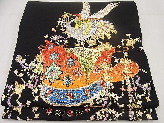 平和屋本店■最高級　龍村平蔵製　本袋帯　千代乃冠錦　黒地　金糸　4s016