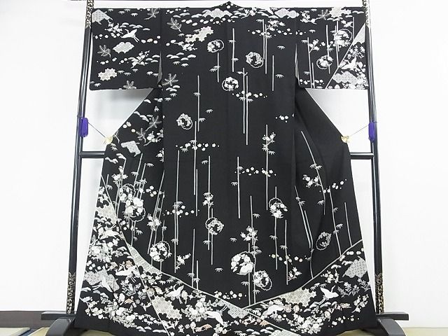 平和屋本店■極上　訪問着　刺繍　宝尽くし　雪輪飛鶴文　黒地　鬼しぼ縮緬　逸品　4kh2132