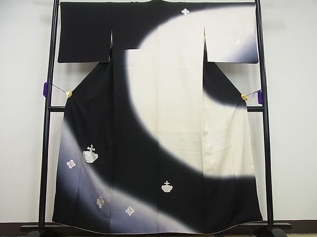 平和屋本店■極上　訪問着　ラインストーン　王冠　金銀彩　暈し染め　黒地　逸品4s322