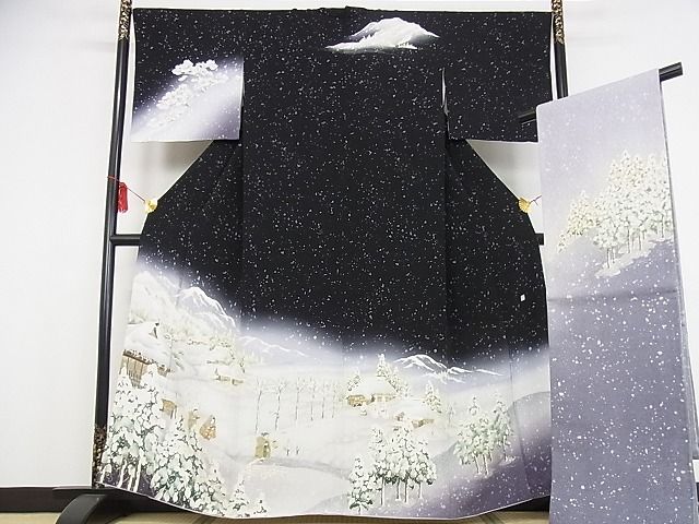 平和屋本店■極上 友禅作家 茂野大生 訪問着・袋帯セット 雪景色 雪ん子 黒地 鬼しぼ縮緬 着丈161cm 裄丈67cm 正絹 逸品 4kk0173