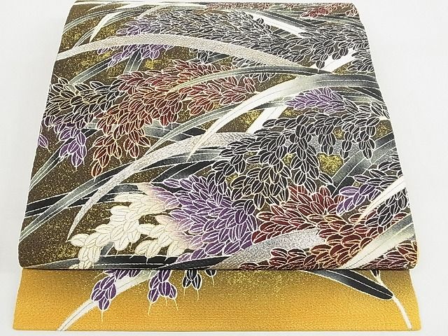 平和屋本店■希少 極上 浦野理一 息子 浦野範雄 九寸開き名古屋帯 金彩友禅 稲穂 暈し 金銀彩 鬼しぼ縮緬 正絹 逸品 4kk10185