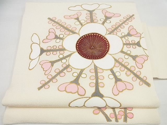 平和屋本店■極上　人間国宝　森口華弘　蒔糊友禅　蒔糊散らし　九寸名古屋帯　枝梅　金彩　鬼しぼ縮緬　三越扱い　逸品　未使用4s484