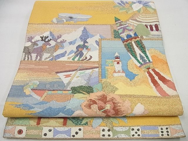 平和屋本店■極上　手織綴れ　山鹿清華　太鼓柄袋帯　人物吉祥風景文　金銀糸　逸品4s513