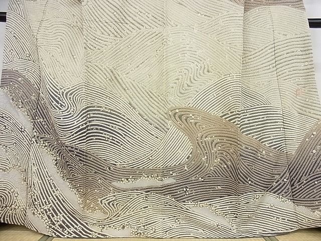 平和屋本店■極上　十日町　名門　滝泰謹製　訪問着　襲絞り　相良刺＆#32353；　立波文　金通し地　正絹　逸品　KAAA0533kk4 平和屋本店□極上 十日町 名門 滝泰謹製 訪問着 襲絞り 相良刺