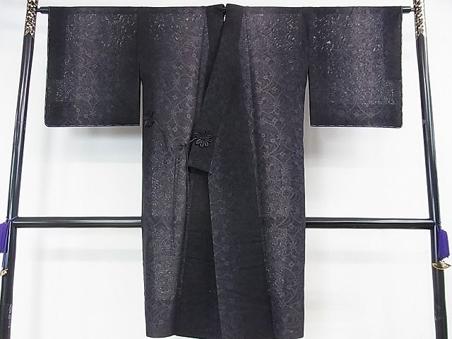 平和屋本店■極上 道中着 うすお召 スリーシーズン 春夏秋 塵除け ロング丈 紗 流水花文 暈し染め 黒地 反端付き 逸品 未使用　DZAA0164kh4