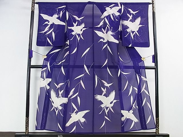 平和屋本店＊極上　夏物　セミアンティーク　大正ロマン　訪問着　絽　白サギ　枝垂れ柳　紅桔梗色地　銀彩　逸品　DZAA0271kh4