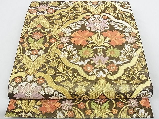 平和屋本店■極上　西陣　川島織物　六通柄　本袋帯　洋花文　黒地　金糸　正絹　逸品　未使用　KAAA0920kk4