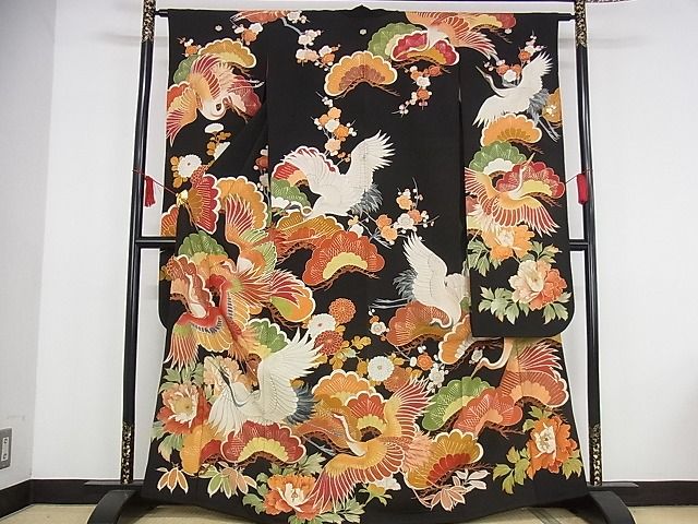 平和屋本店□極上 アンティーク 大正ロマン 振袖 駒刺繍 檜扇吉祥花文