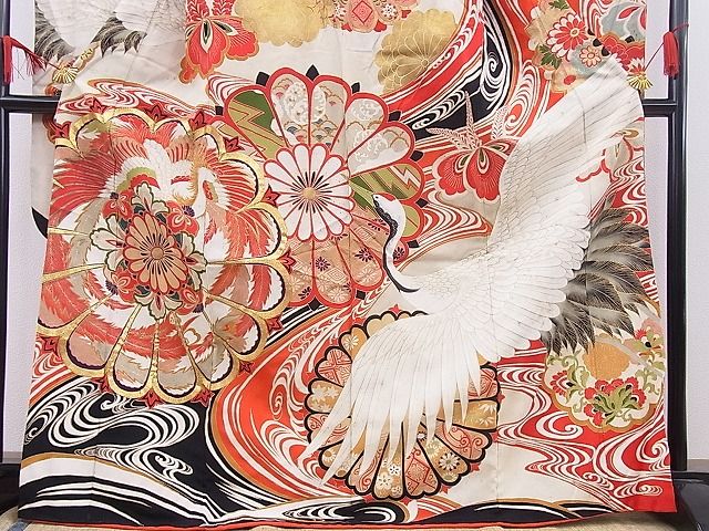 平和屋本店□極上 アンティーク 大正ロマン 振袖 駒刺繍 飛鶴鳳凰菊花文