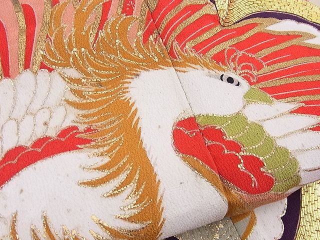 平和屋本店■極上　アンティーク　大正ロマン　振袖　駒刺繍　飛鶴鳳凰菊花文　金彩　逸品　BAAA3180zb4 平和屋本店□極上 アンティーク 大正ロマン 振袖 駒刺繍 飛鶴鳳凰菊花文