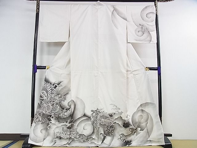 平和屋本店■極上　本場縞大島紬　白大島　訪問着　手刺繍　龍　逸品　未使用　DZAA0715kh4