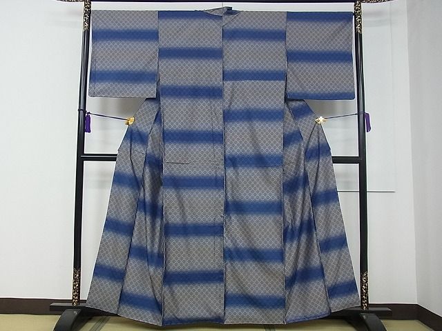 平和屋本店■極上　藍香房　花織　お召　横段文　逸品　未使用　CZAA0322s4