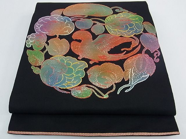 平和屋本店■極上　龍村美術織物　たつむら　太鼓柄本袋帯　鸚鵡唐花文　黒地　金糸　逸品　CZAA0363s4