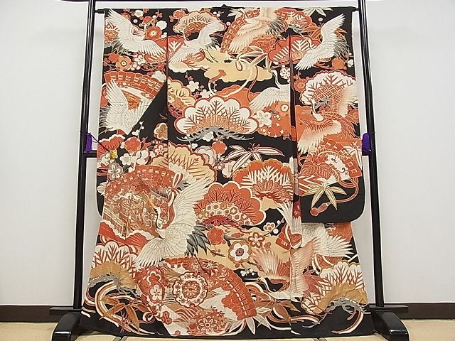 平和屋本店■極上　アンティーク　大正ロマン　振袖　駒刺繍　手描き　飛鶴檜扇御所車花文　黒地　金彩　逸品　CYAA0090s4