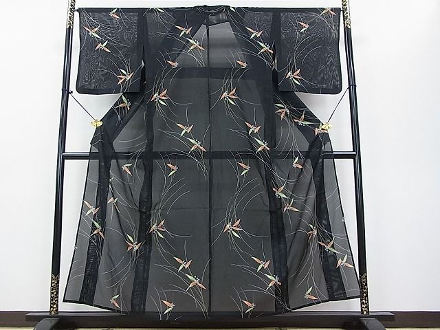 平和屋着物＊夏物 小紋 絽 草花文 黒地 洗える着物 DAAT5904ud