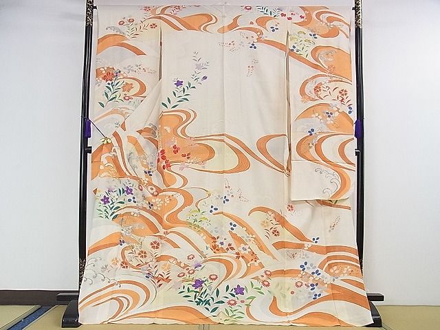 平和屋本店■希少　夏物　アンティーク　大正ロマン　振袖　絽　刺繍　立波花文　金銀糸　逸品　DZAA1187kh4