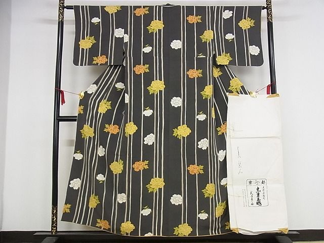 平和屋本店■極上　銀座　志ま亀　小紋　縞牡丹　たとう紙付き　正絹　逸品　KAAA1306kk4