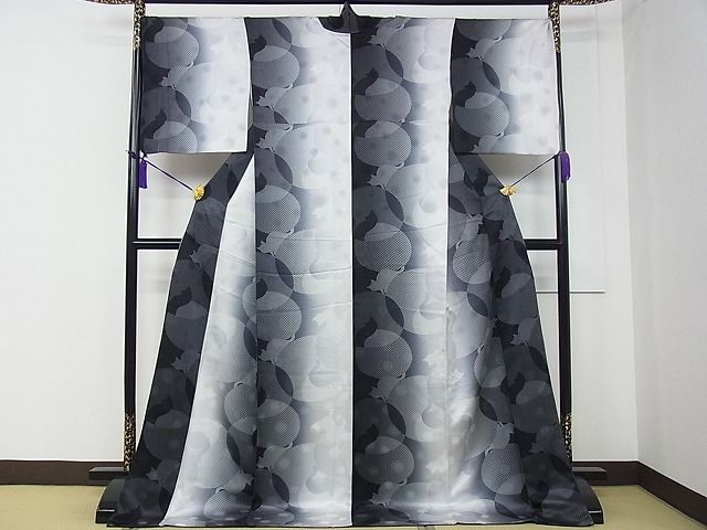 平和屋本店■極上　小紋　猫　暈し染め　黒地　逸品　CZAA0676s4