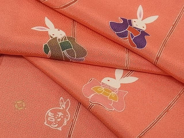 平和屋本店■極上　人形作家・ホリヒロシ　小紋　兎　金彩　鬼しぼ縮緬　鉛丹色地　逸品　CZAA0729s4